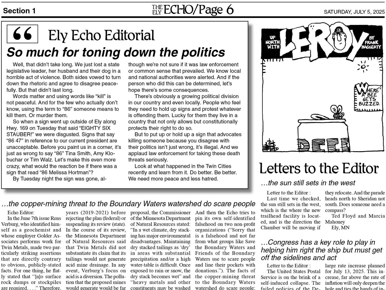 Ely Echo Editorial: So much for toning down the politics